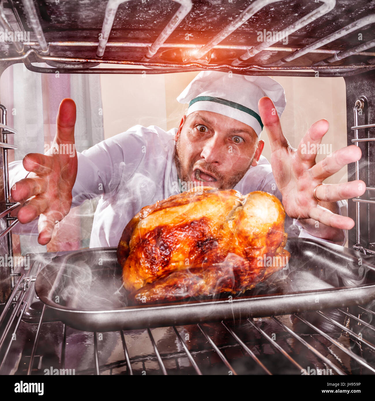 Funny chef overlooked roast chicken in the oven, so she had scorched ...