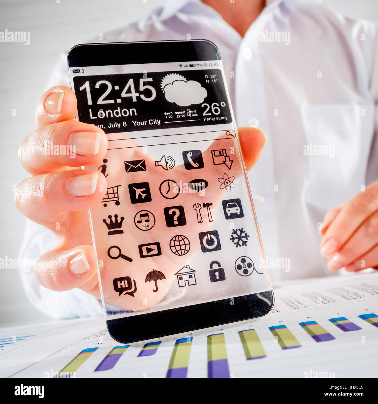 Futuristic Smart phone (phablet) with a transparent display in human ...