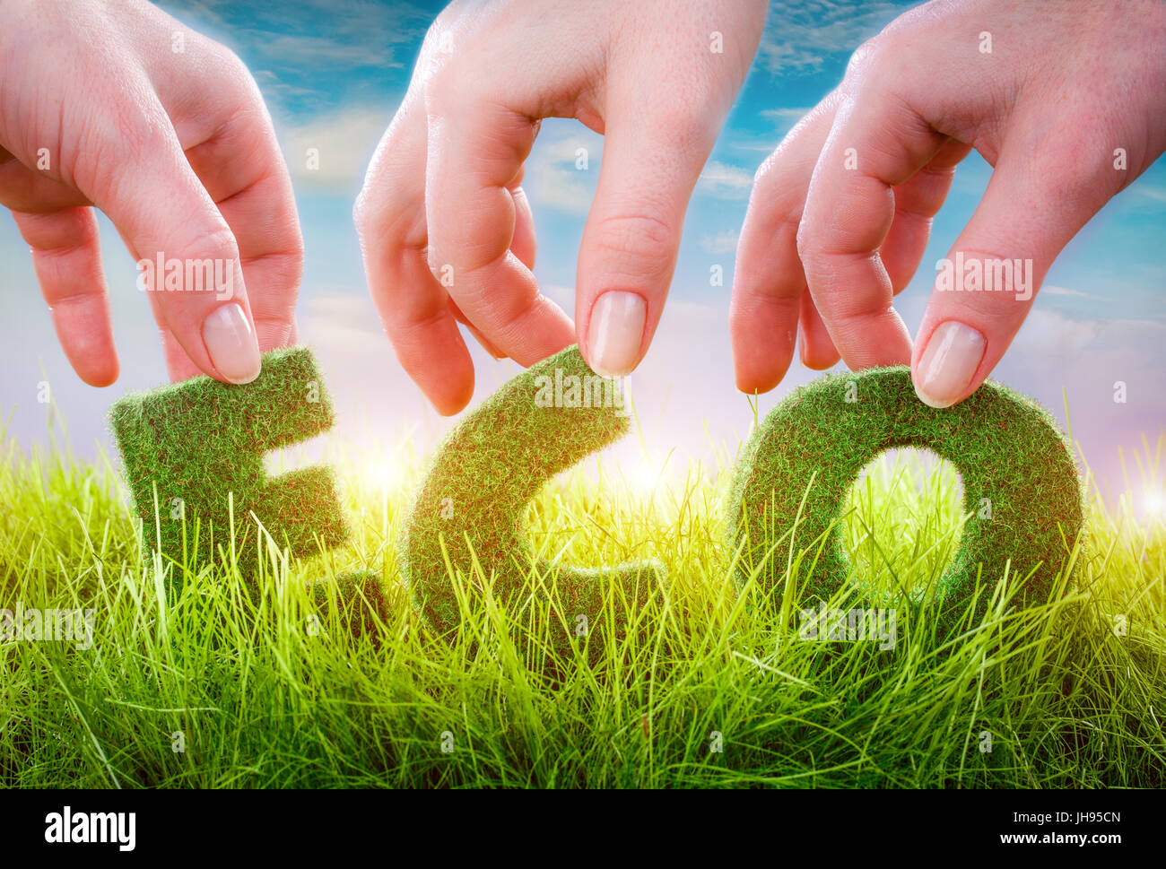 Letters on the green grass on blue background. Eco concept Stock Photo ...