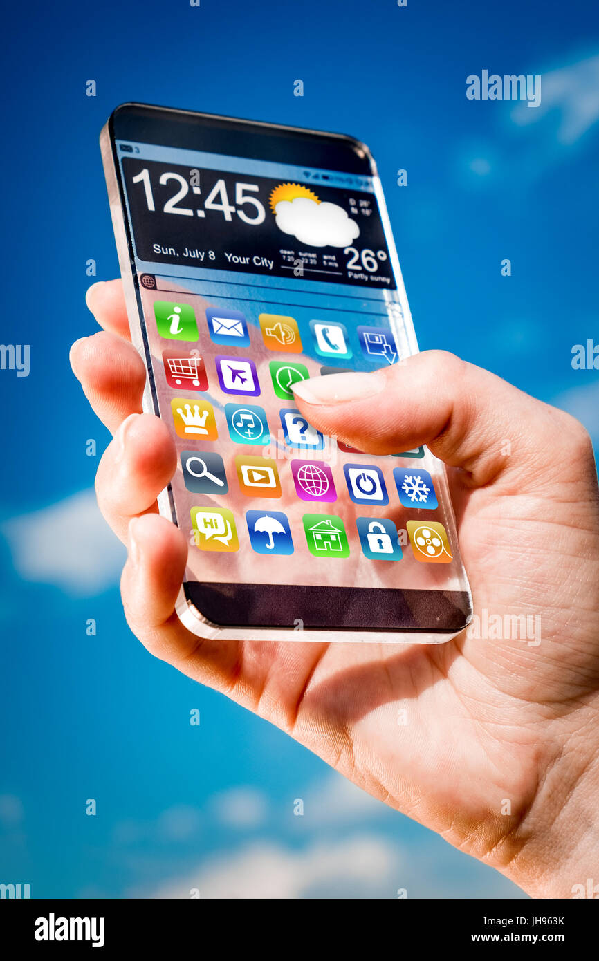 Futuristic Smart phone (phablet) with a transparent display in human ...
