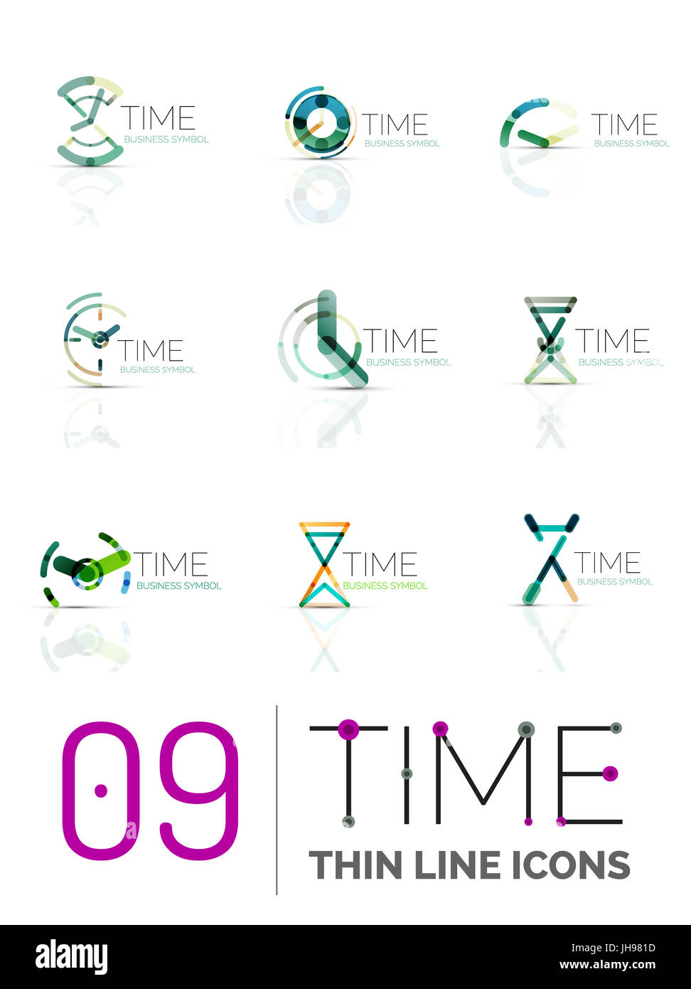 Geometric clock and time icon logo set. Thin line geometric flat style ...