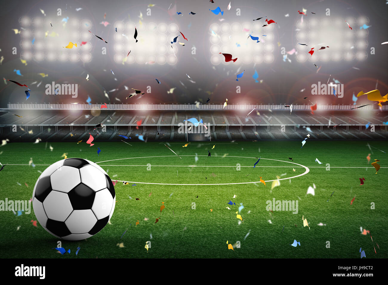 3d rendering soccer ball with soccer stadium and confetti background ...