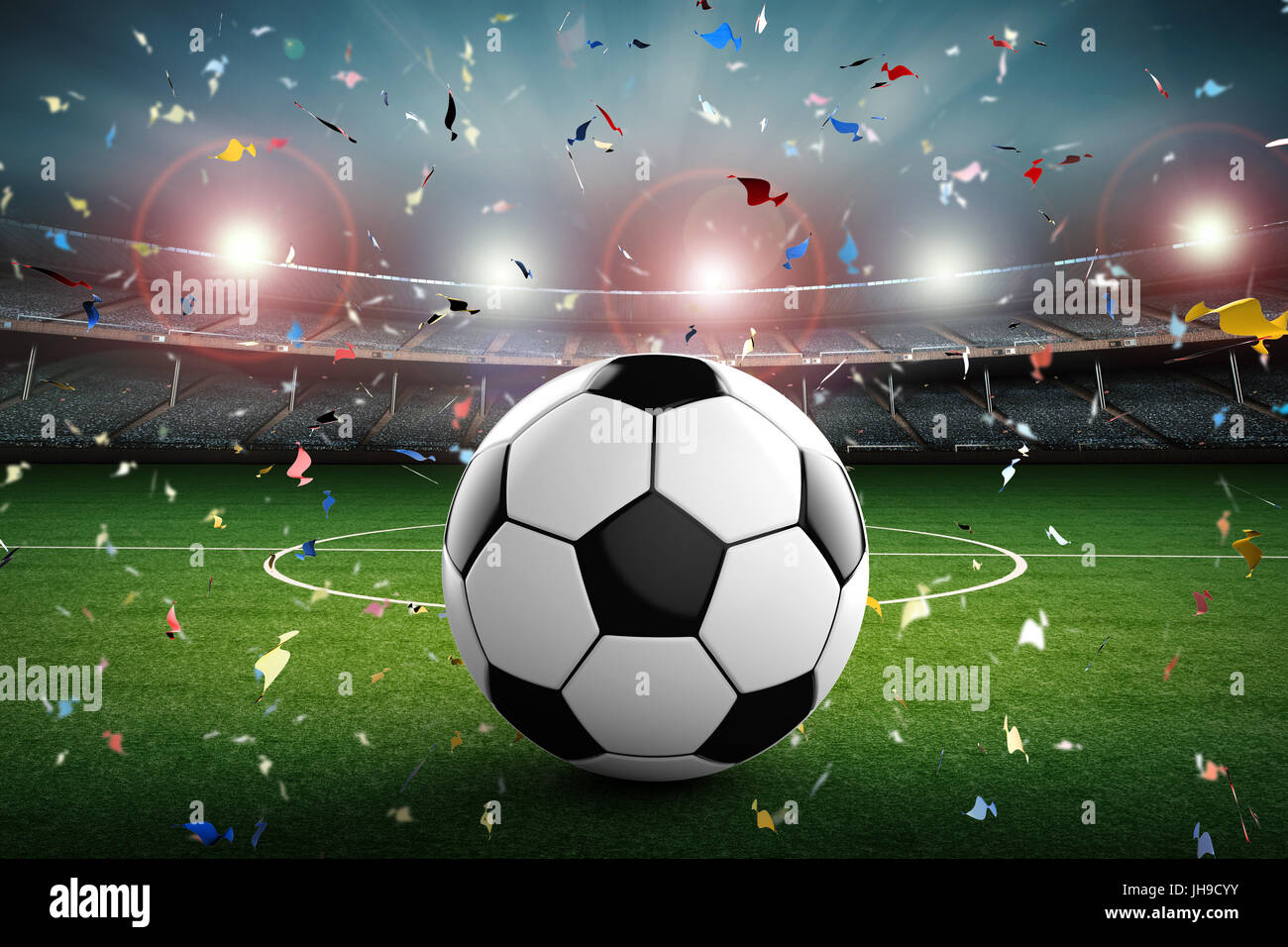3d rendering soccer ball with soccer stadium and confetti background ...