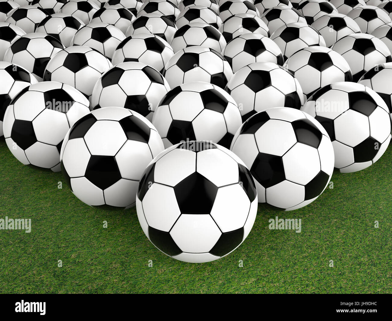 3d rendering group of soccer balls on green field Stock Photo - Alamy