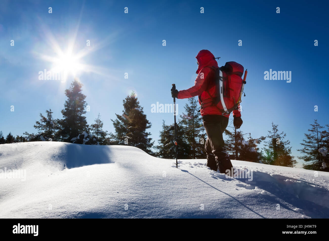 Winter hiking. A trekker, walking in the snow, takes a rest for admire ...