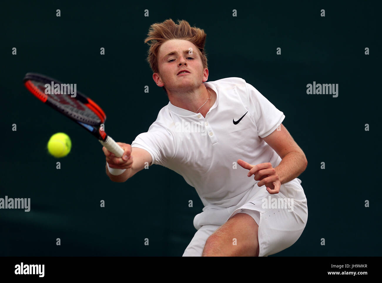 Aidan McHugh in action in the Boys singles on day ten of the Wimbledon ...