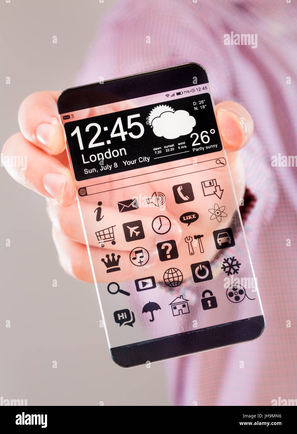 Futuristic Smart phone (phablet) with a transparent display in human ...