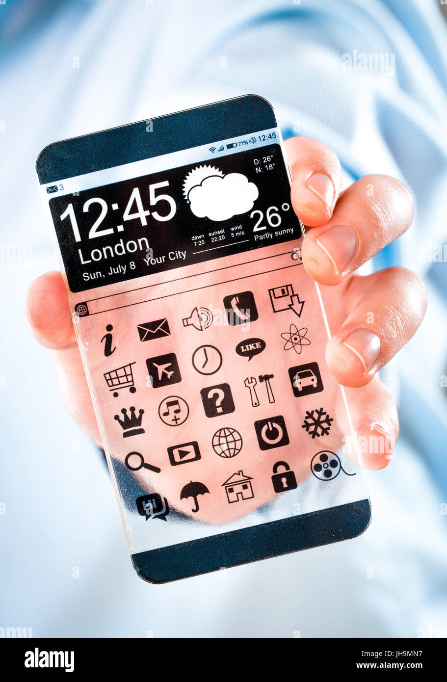 Futuristic Smart phone (phablet) with a transparent display in human ...