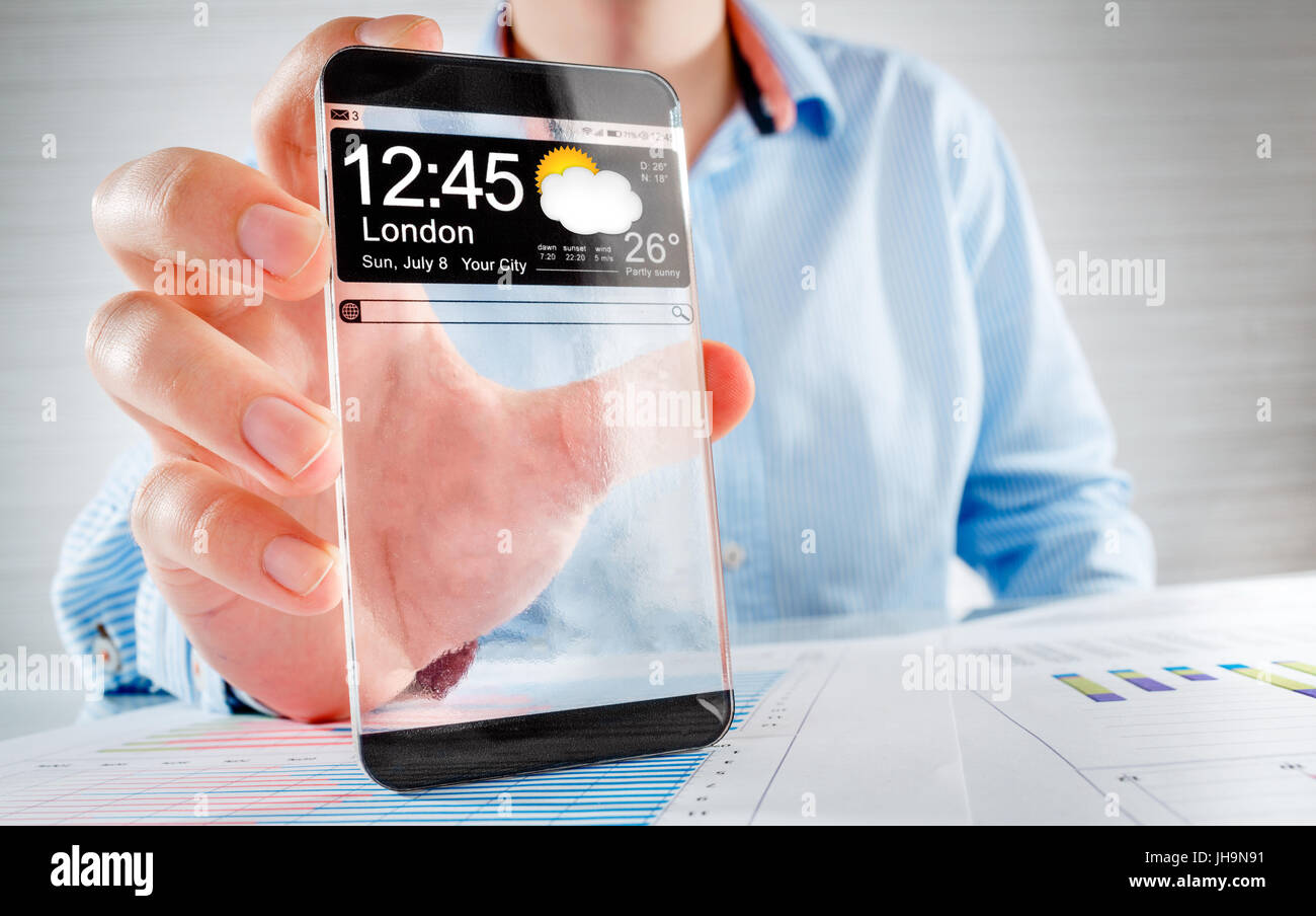 Futuristic Smart phone (phablet) with a transparent display in human ...