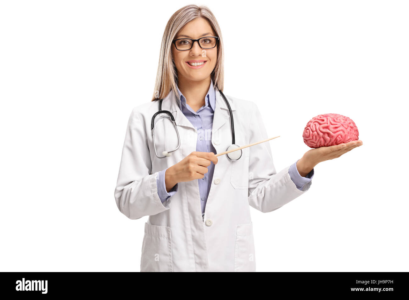 Female doctor pointing at a brain model with a stick isolated on white ...
