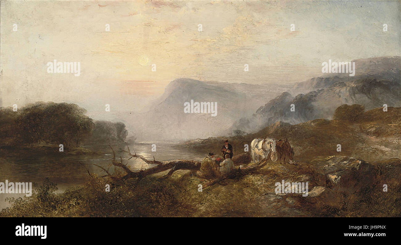 George Cole - Travellers resting on a river bank in an upland landscape ...