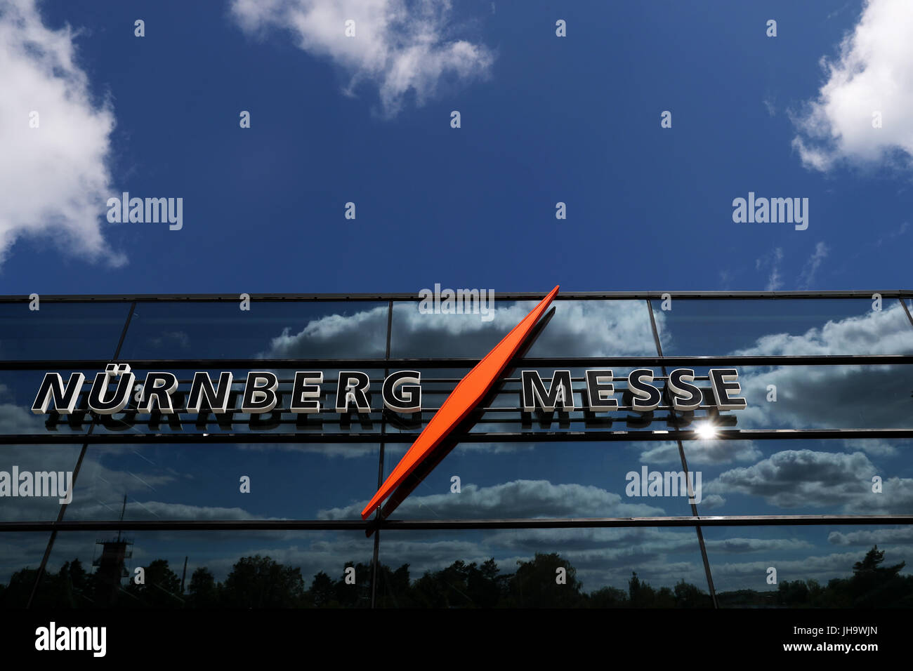 "Nuernberg Messe" on the side of an exhibition hall, pictured on the ...