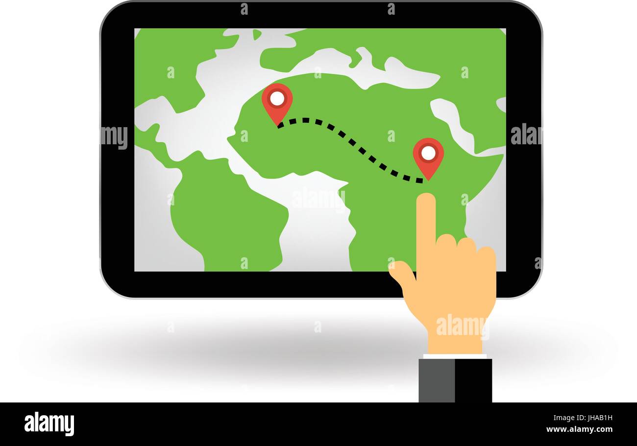 finger on tablet display with map illustration - gps navigation Stock ...