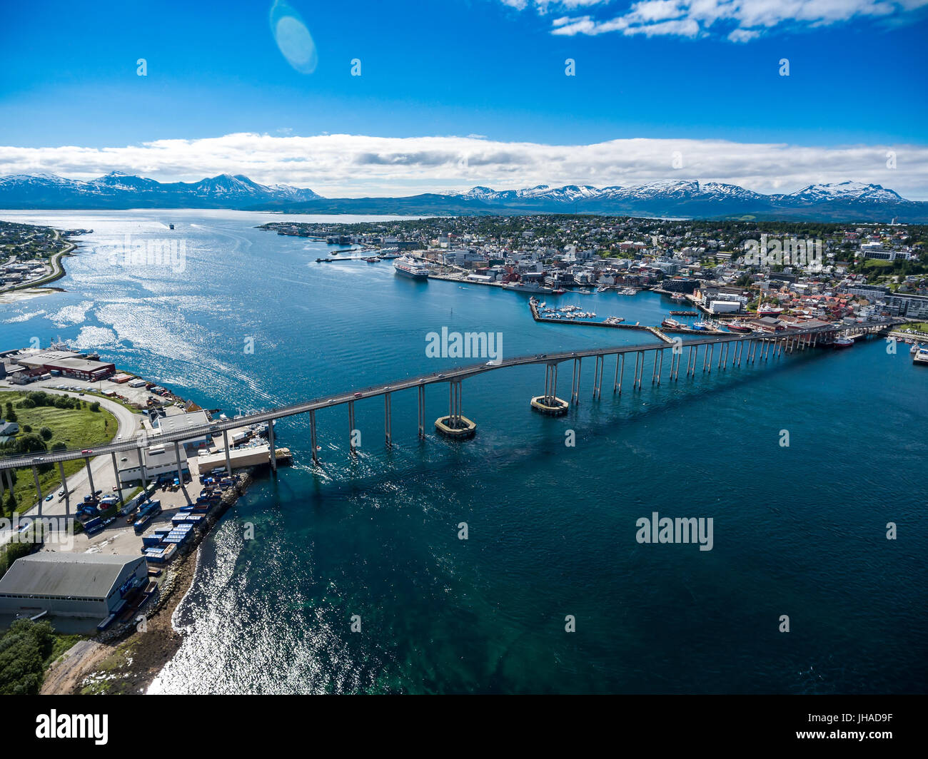 Bridge of city Tromso, Norway aerial photography. Tromso is considered ...