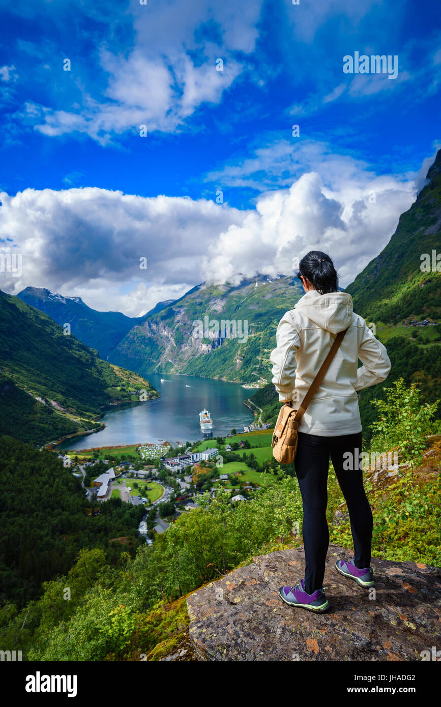 Geiranger fjord, Beautiful Nature Norway panorama. It is a 15-kilometre ...