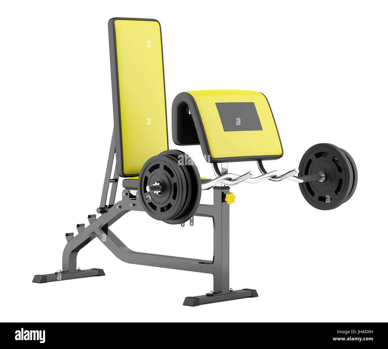 gym arm curl bench with barbell isolated on white background Stock ...