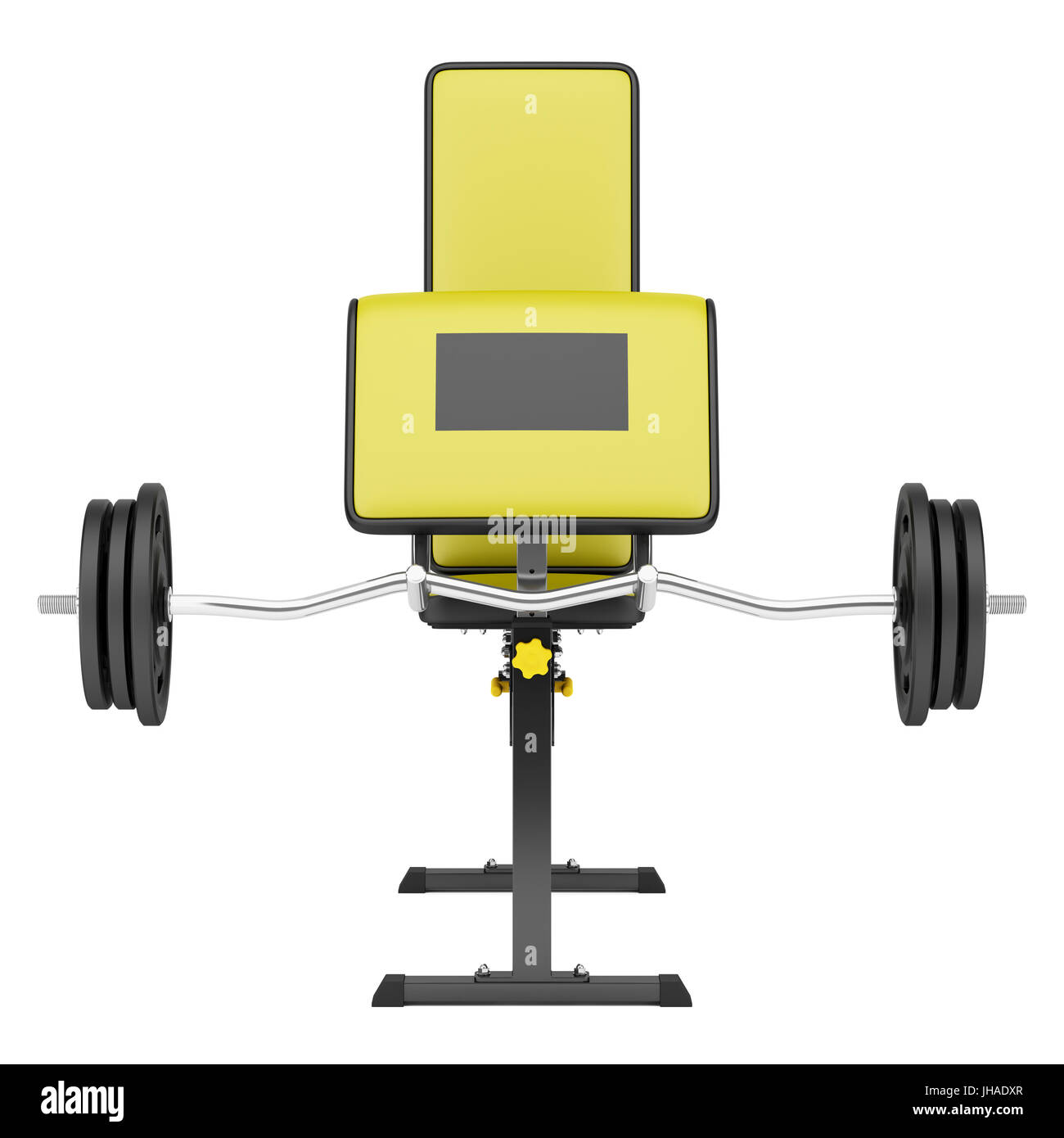 gym arm curl bench with barbell isolated on white background Stock ...