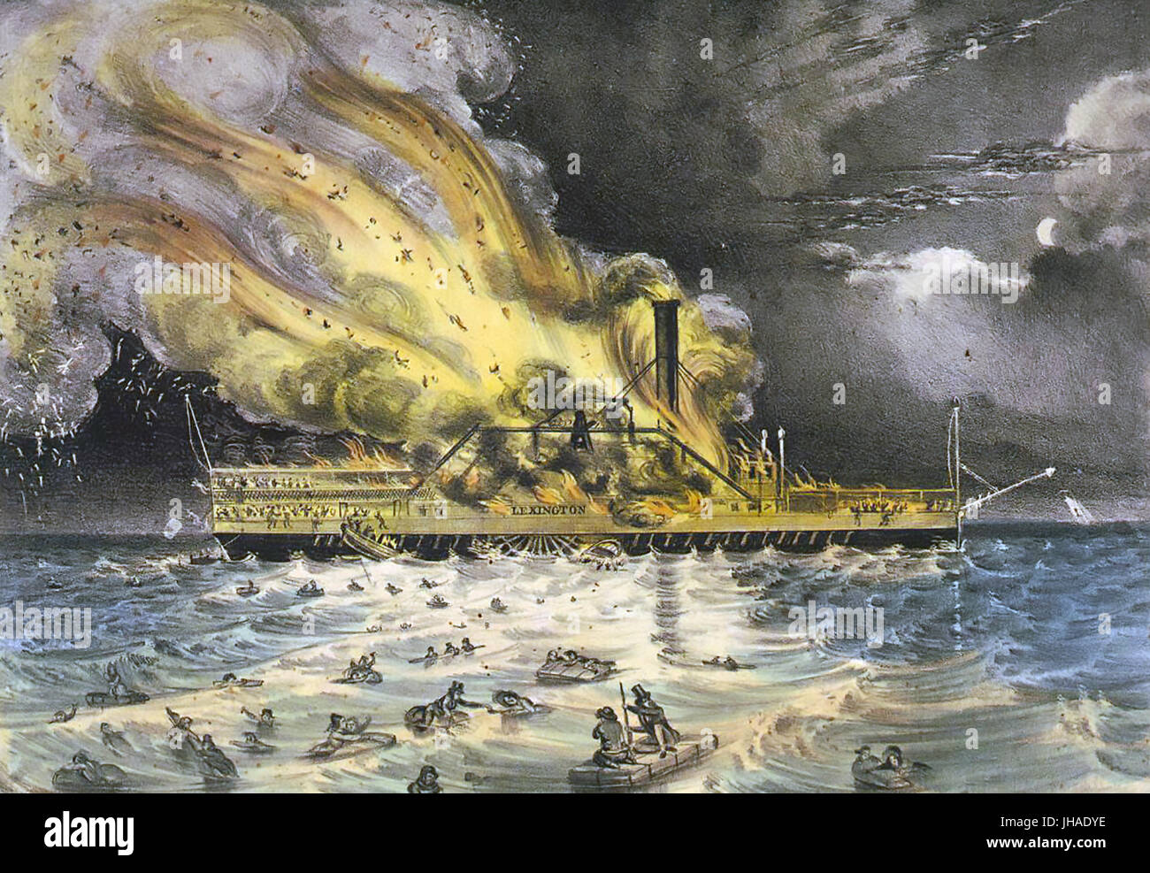 STEAMSHIP LEXINGTON. Currier & Ives print of the 13 January 1843 fire ...