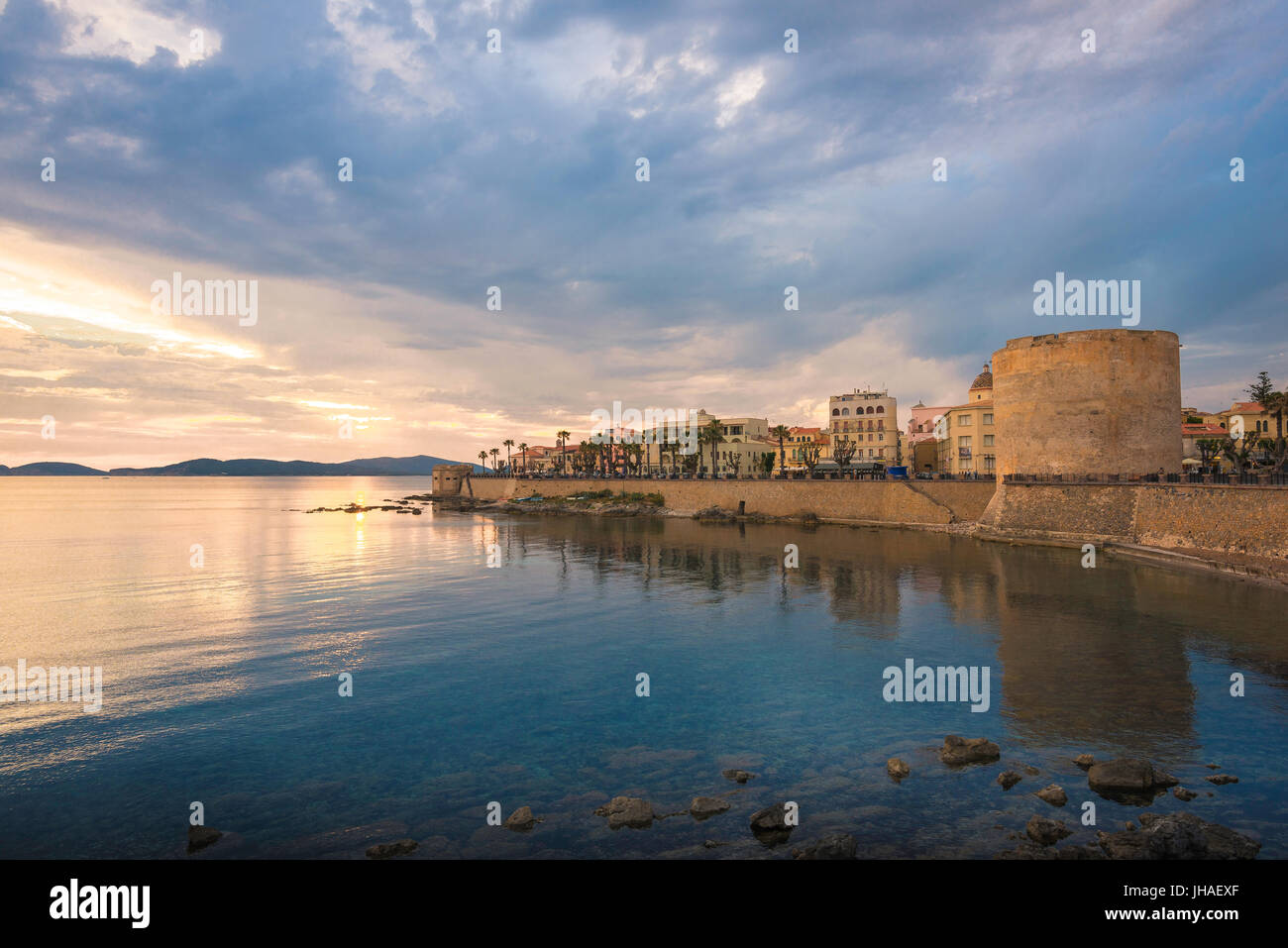 Sardinia coast, view of the medieval seawall and southern end of the ...