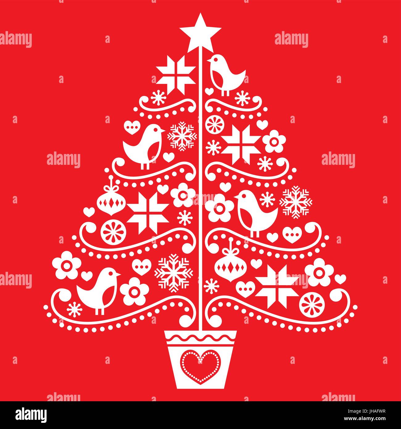 Christmas tree design - folk style with birds, flowers and snowflakes ...