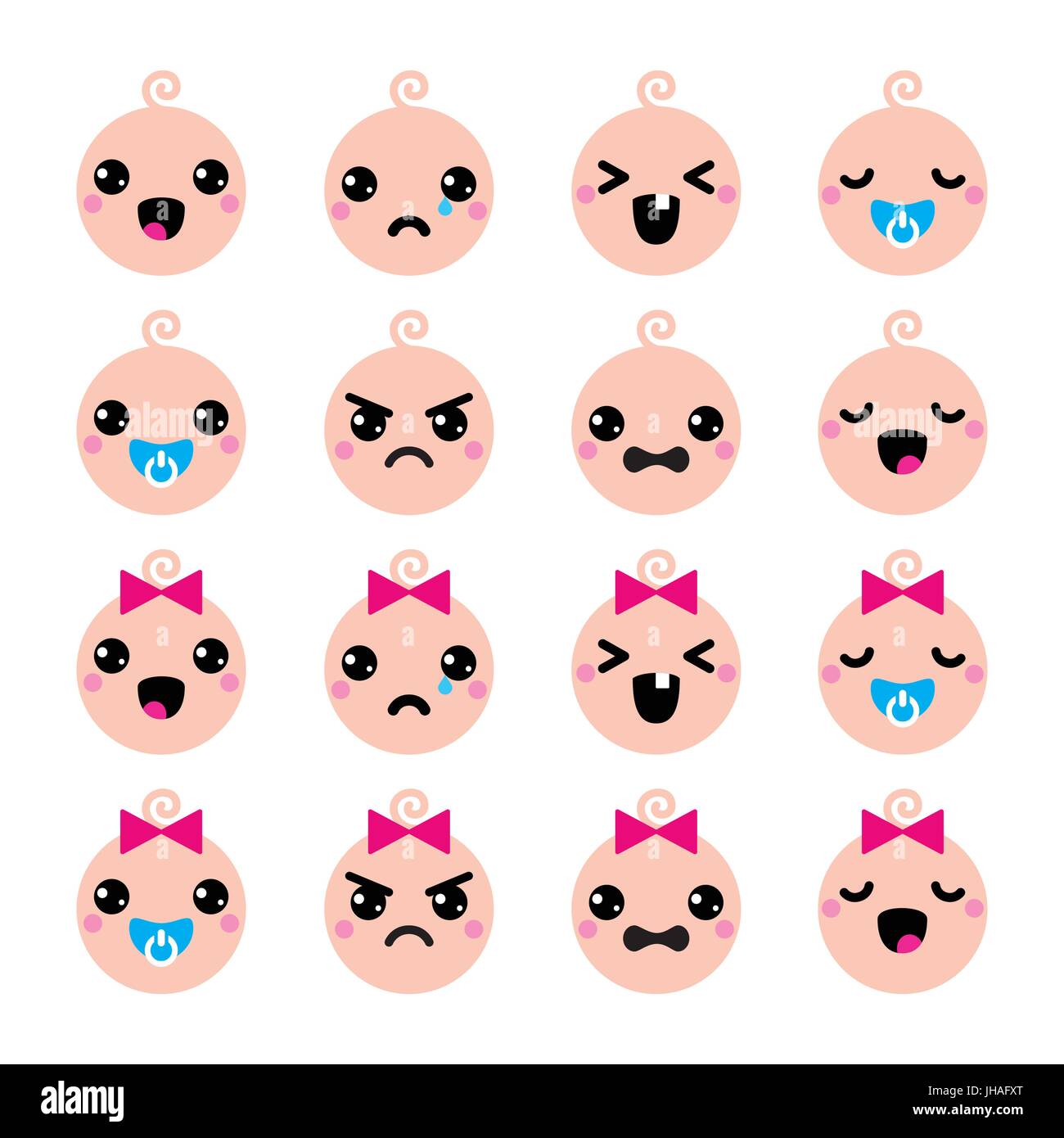 Baby boy and girl cute Kawaii icons set Vector icons set of happy, sad ...