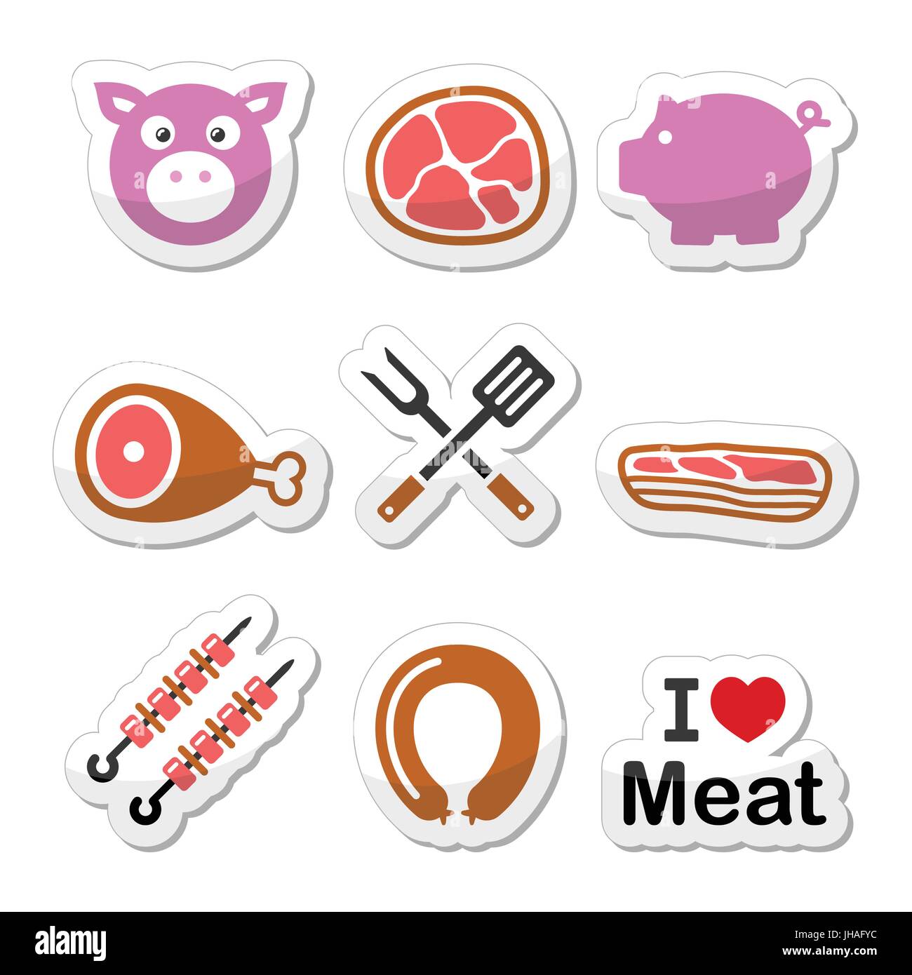 Pig, pork meat - ham and bacon labels icons set Colorful food vector ...