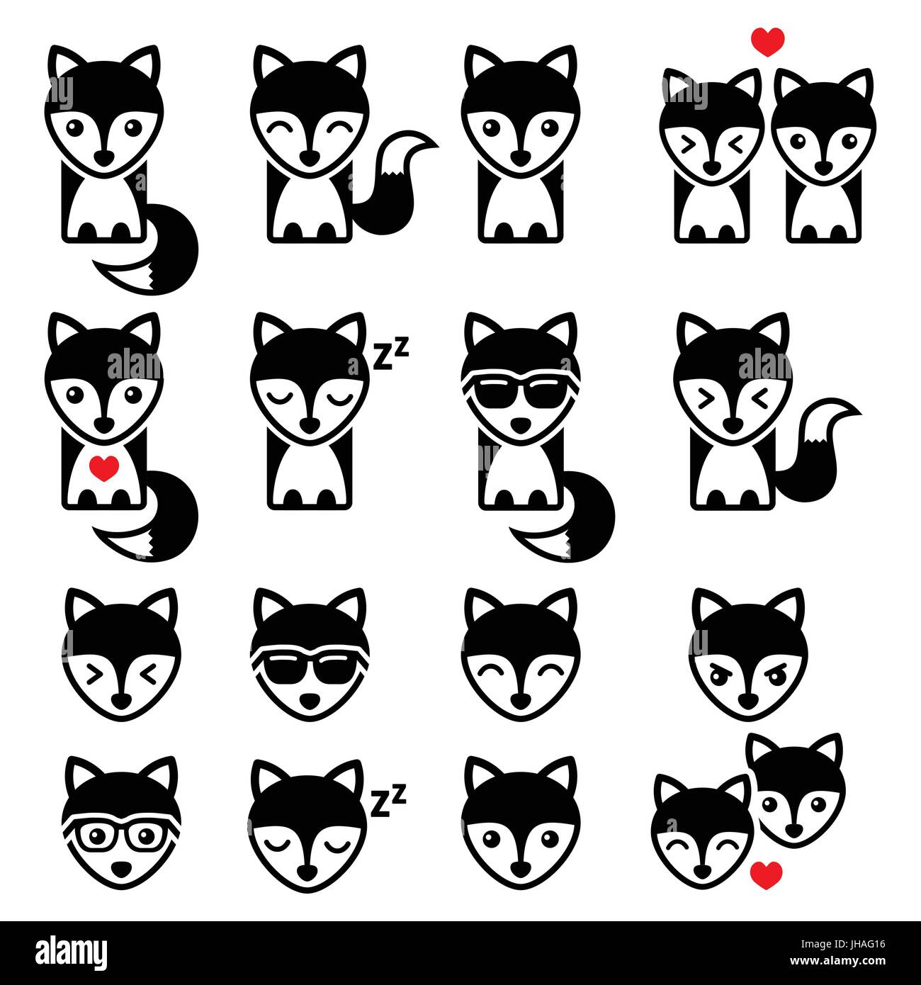 Fox cute character icons, wildlife concept Animal vector black icons ...