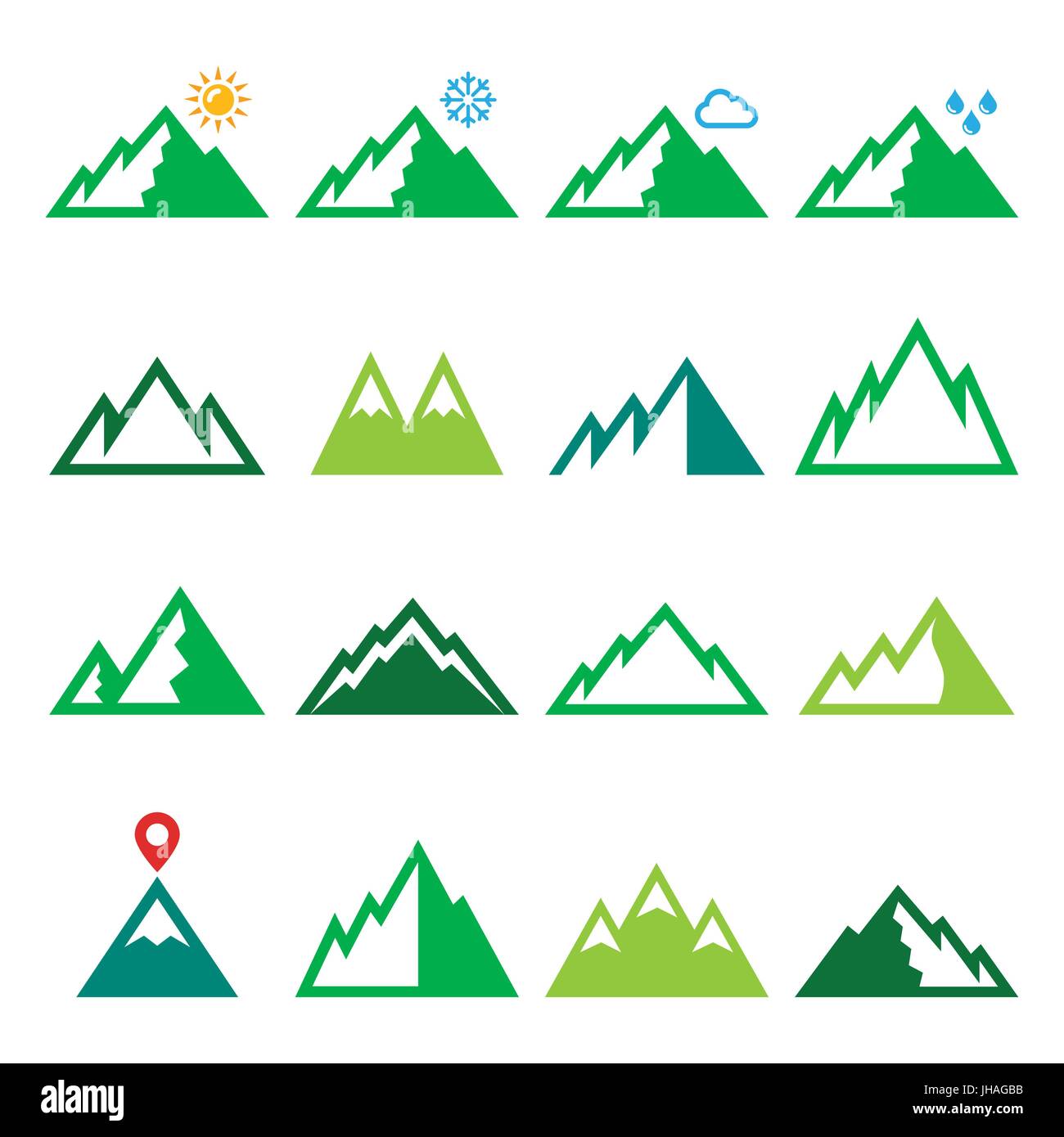Mountains, nature vector green icons set Vector icons set of mountain ...