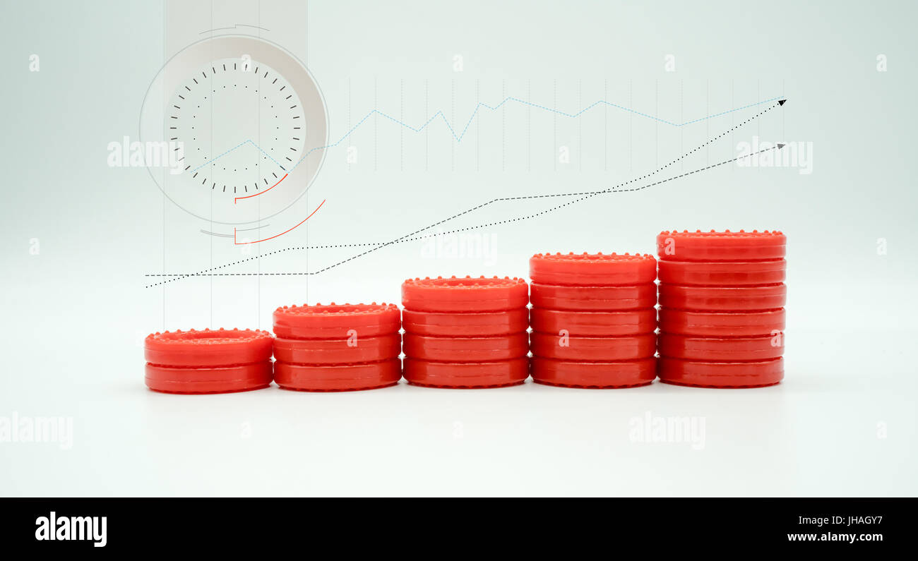 Row of coin rising stacks isolated on white background for money saving ...