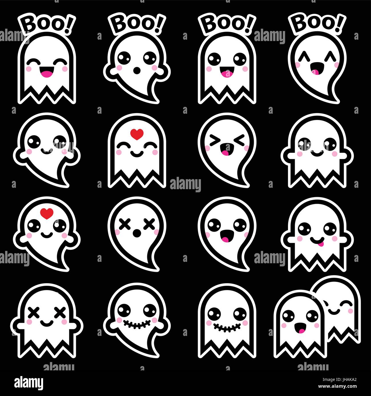 Kawaii cute ghost for Halloween icons set on black Stock Vector Image ...