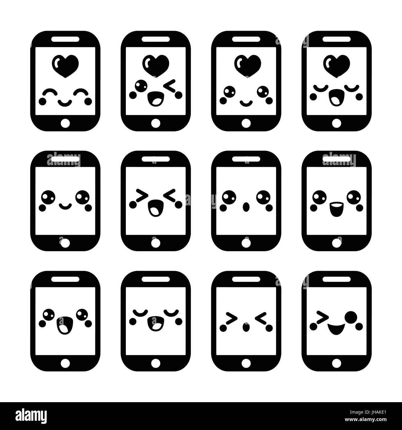 Japanese cute Kawaii character - mobile or cell phone icons set Stock ...
