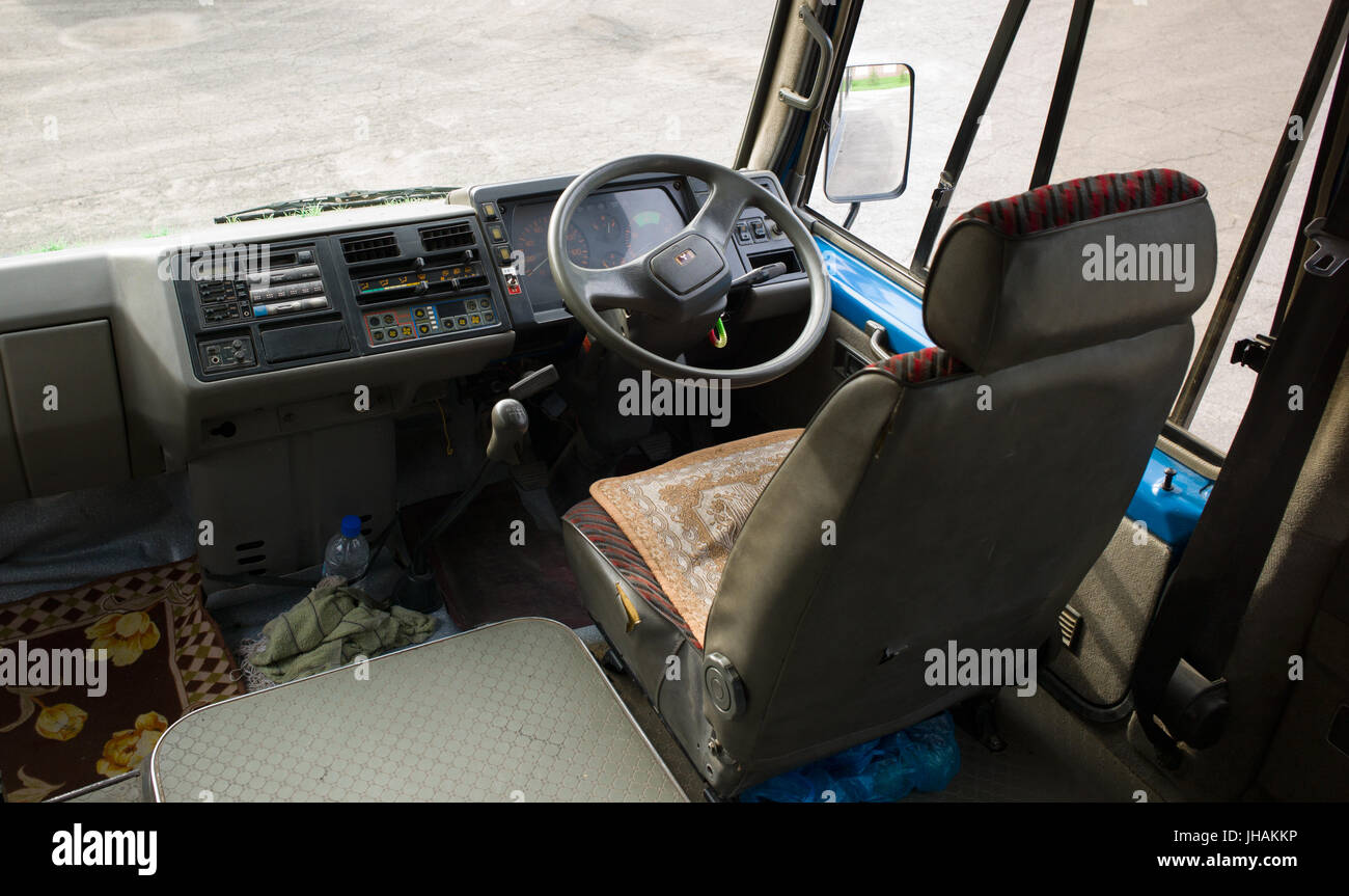 Driver's controls in mini bus. Samjiyon, DPRK / North Korea Stock Photo ...