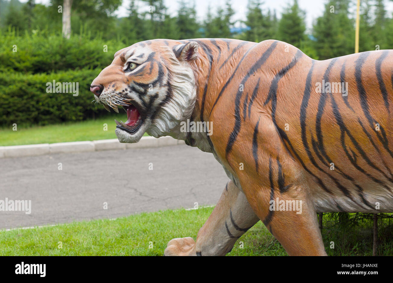 Statue of tiger with mouth and looking aggressive. Samjiyon, DPRK ...
