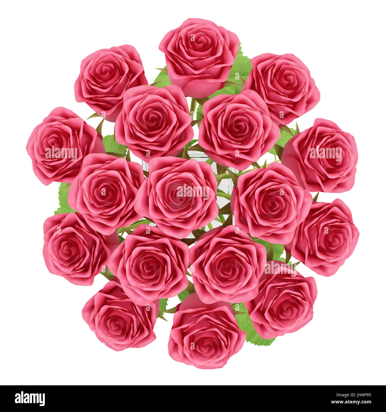 top view of red roses in glass vase isolated on white background. 3d ...