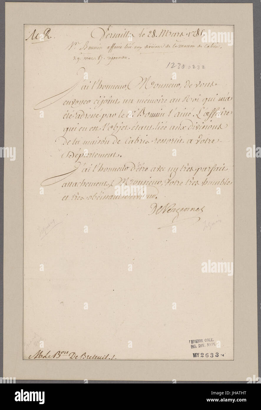 Vergennes, Charles Gravier, comte de. Versailles. To De Breteuil (NYPL ...