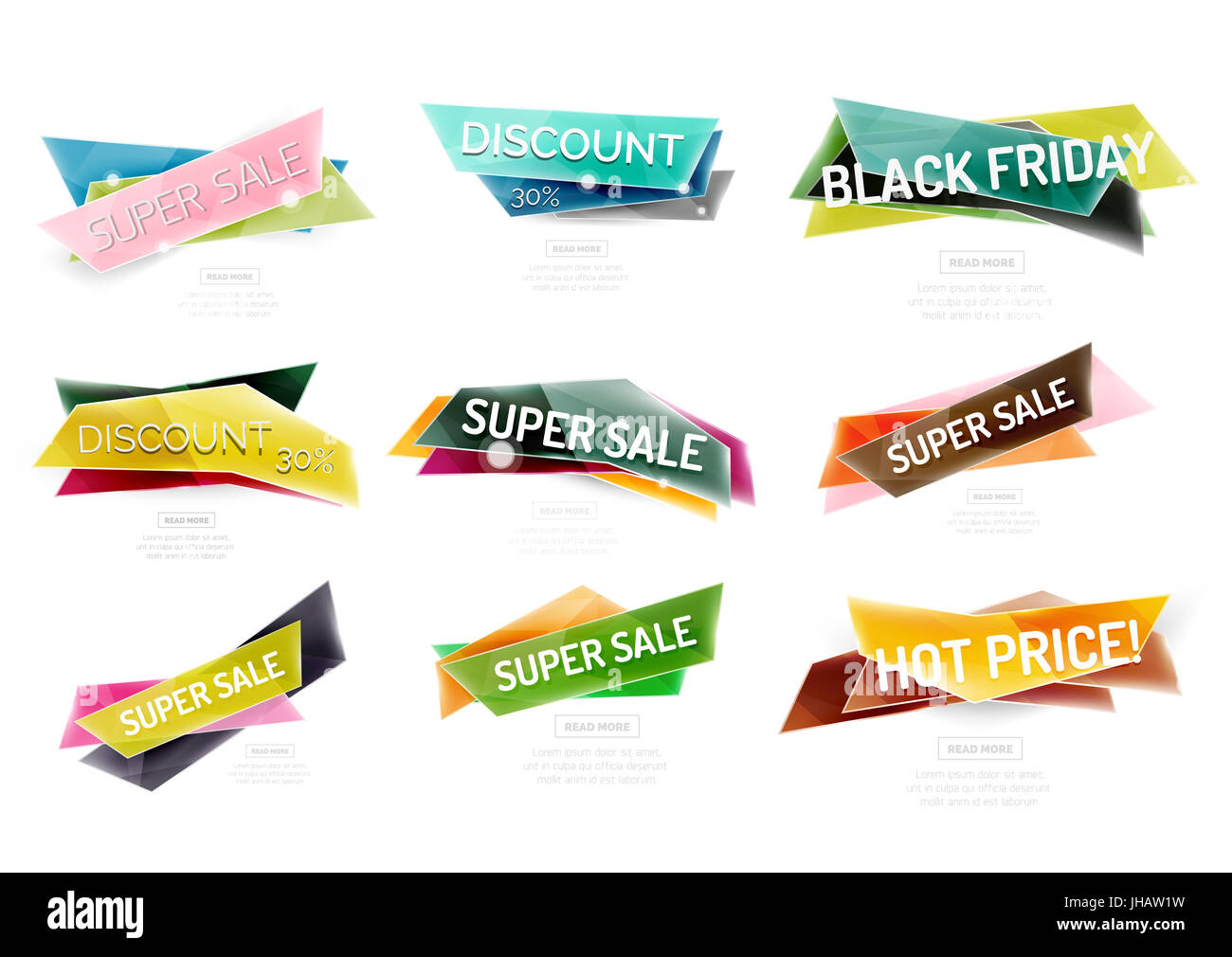 Set of colorful geometric shape sale banners with promotional ad text ...