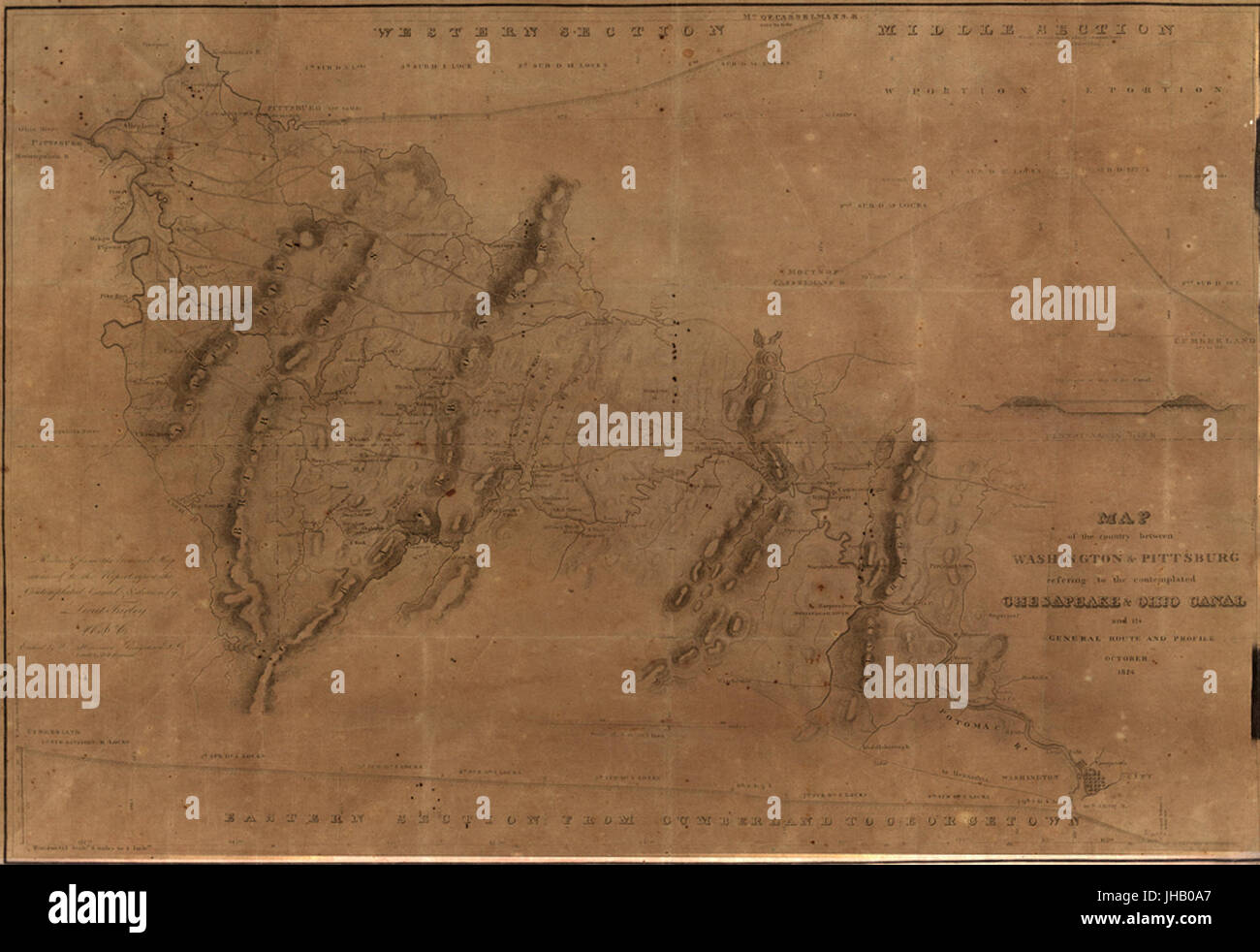 Map from 1826 of proposed Chesapeake and Ohio Canal Route Stock Photo ...