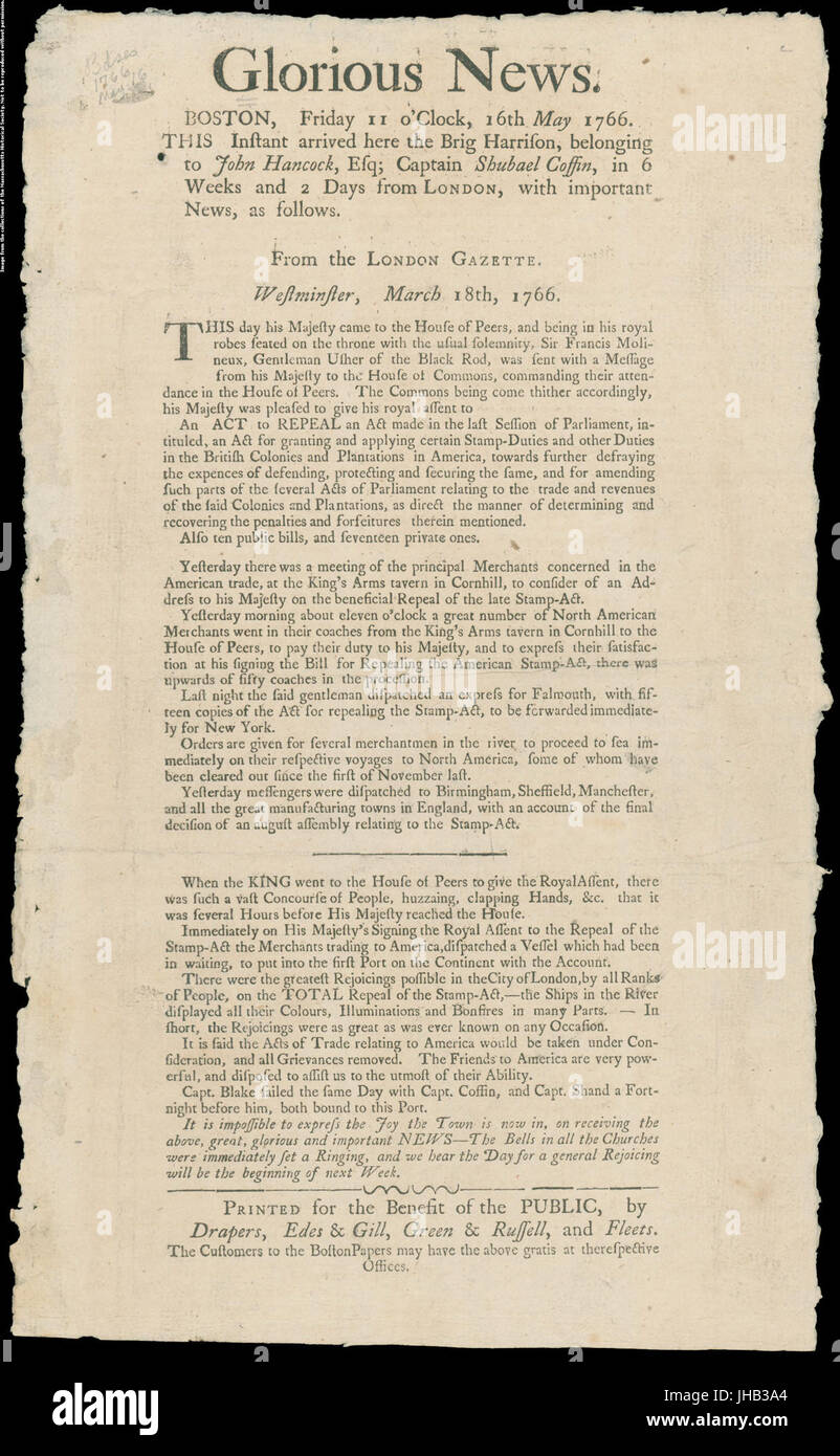 Glorious News - London Gazette (Stamp Act repeal notice) 1766-03-18 ...