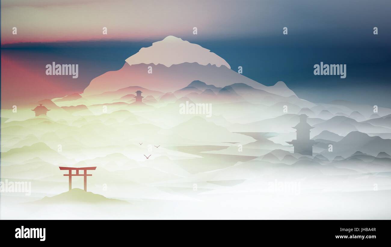 Japanese Landscape Background with Mountains and Arch Sunset with Fog ...