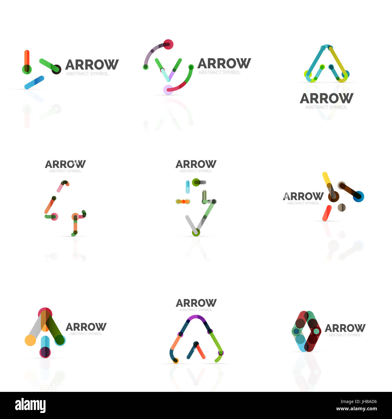 Set of linear arrow abstract logos, connected multicolored segments of ...