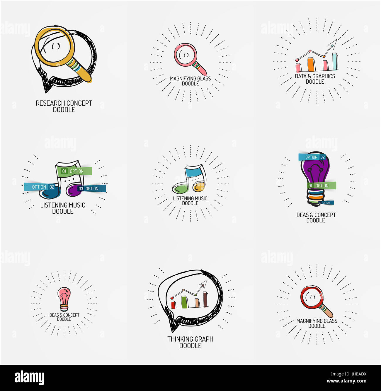 set of hand drawn design elements in circles - magnifier, music note ...