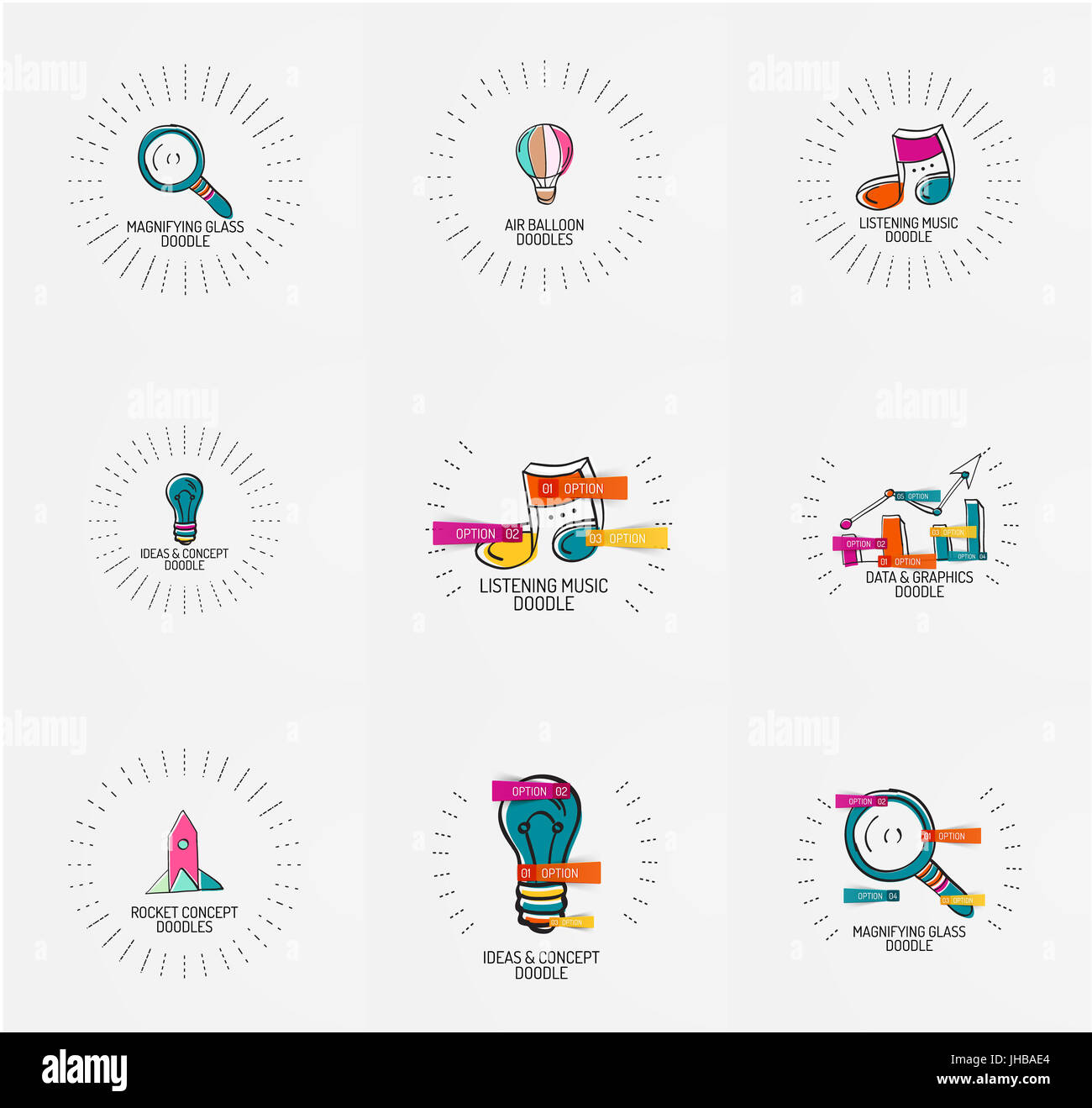 set of hand drawn design elements in circles - magnifier, music note ...