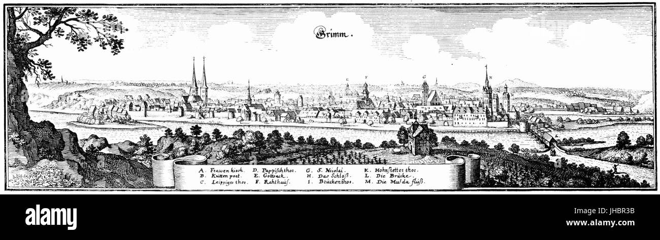 This image, dated 1650, shows Grimma, a town in Germany, as illustrated ...