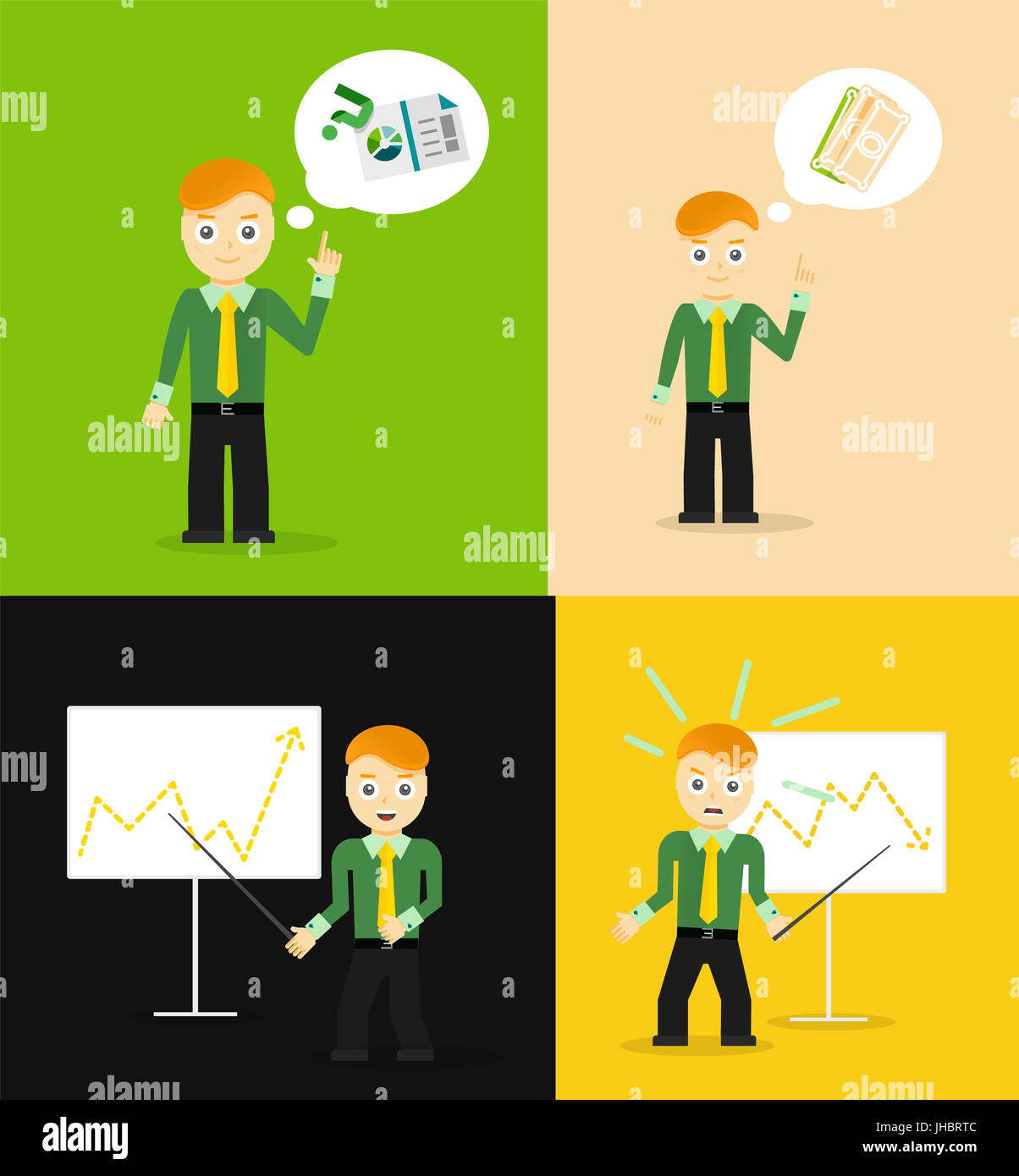 Set of cute cartoon young businessmen. Idea concept and finance report ...