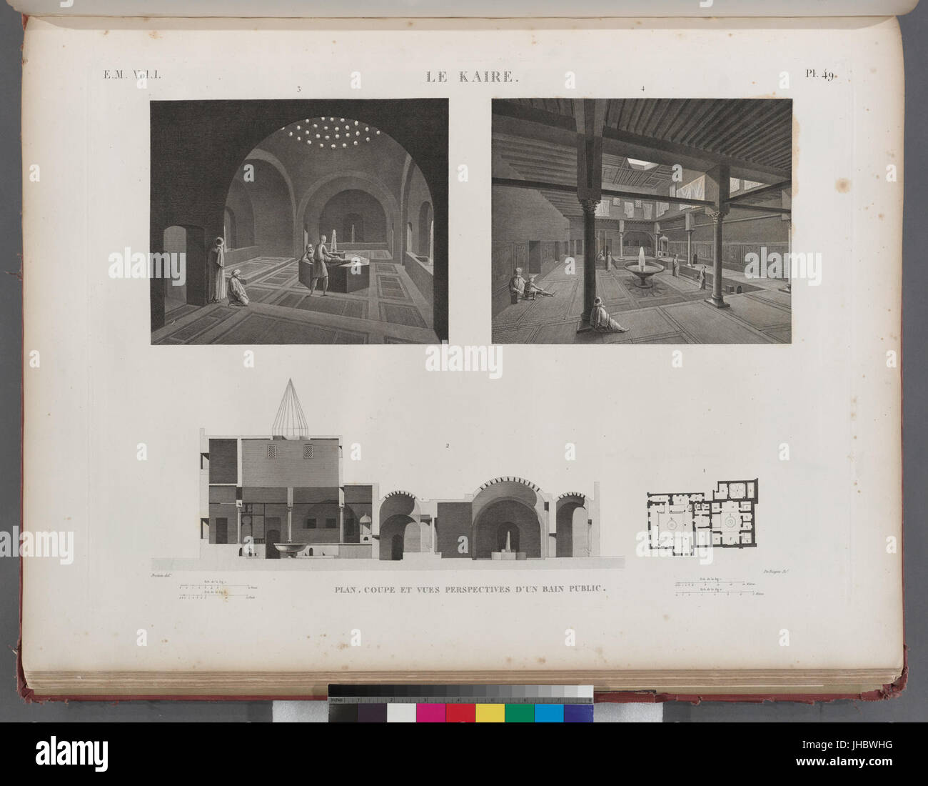Le Kaire (Cairo). Plan, coupe et vues perspectives d'un bain public ...