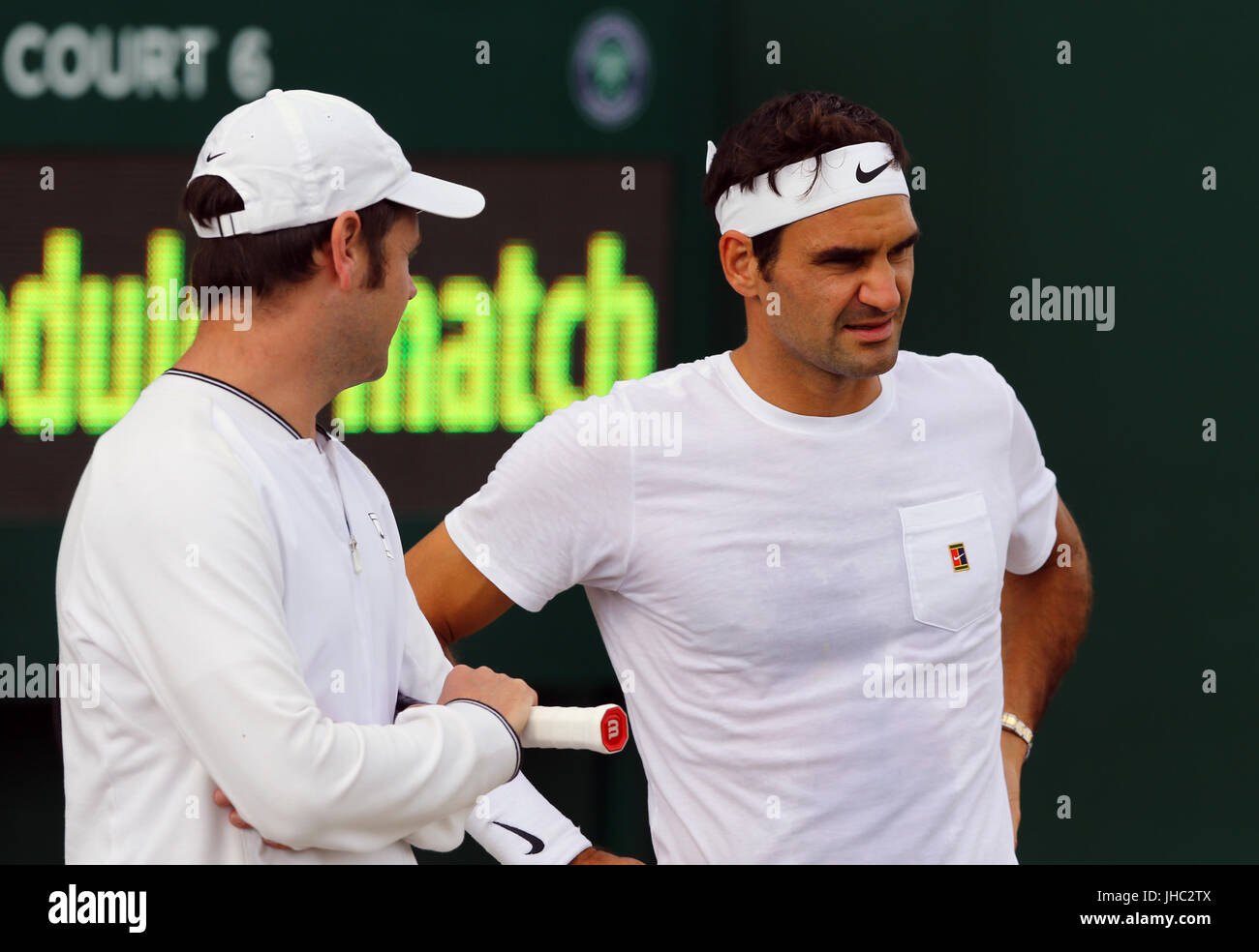 Roger Federer during a training session on day ten of the Wimbledon ...