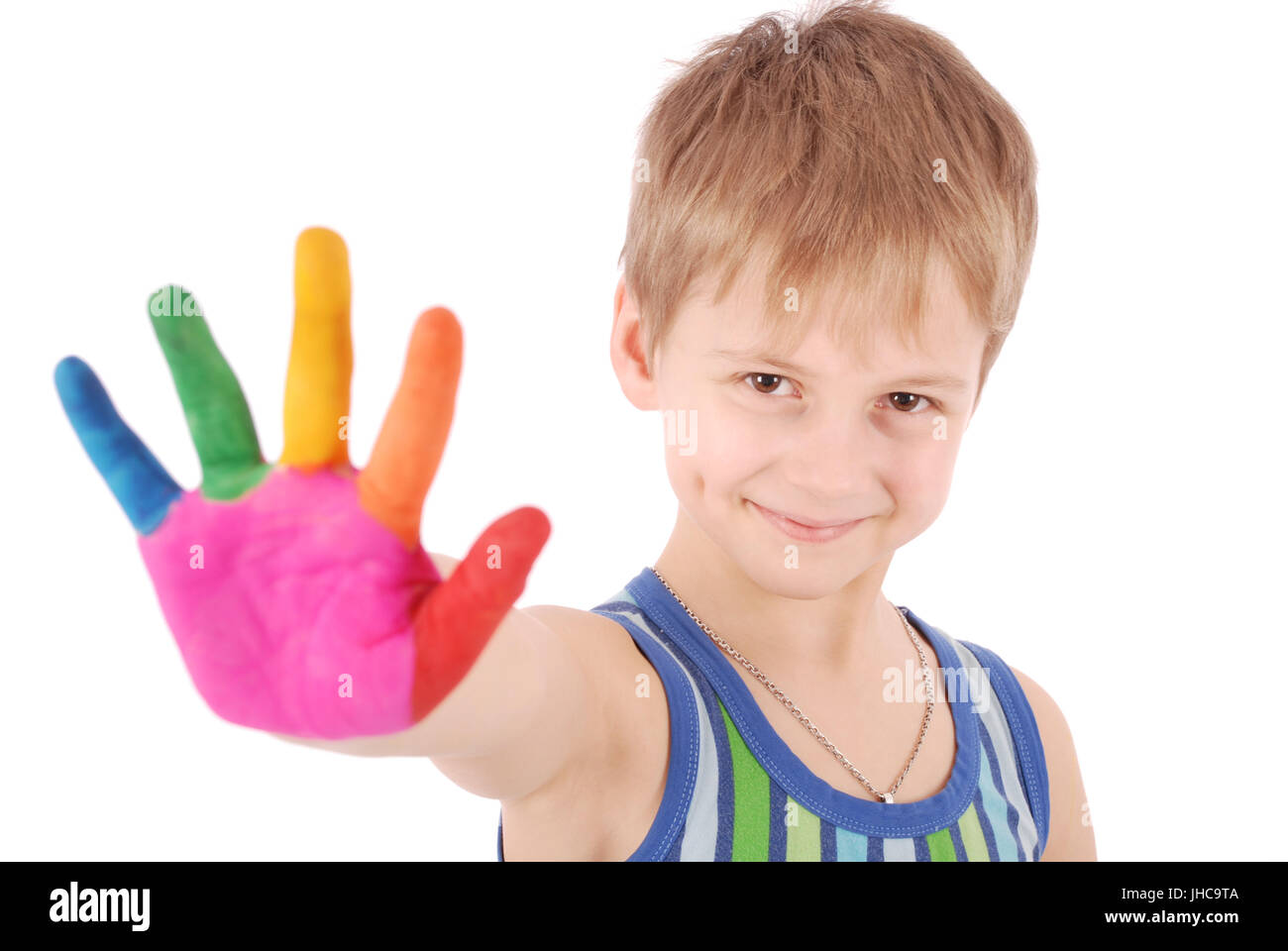 Beautiful little boy with hands in the paint isolated on white Stock ...