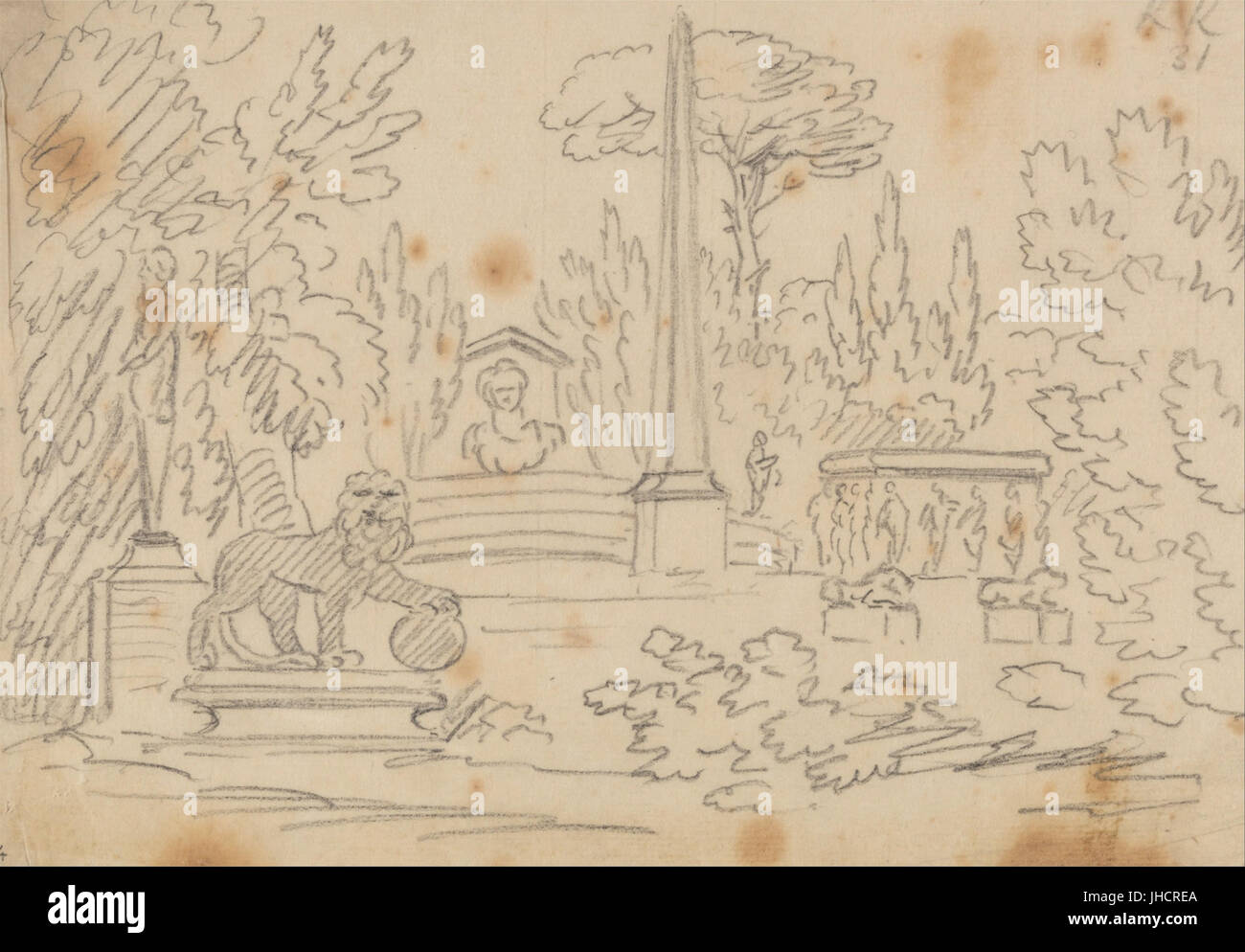 John Robert Cozens - Obelisk and Statues in a Garden Stock Photo - Alamy