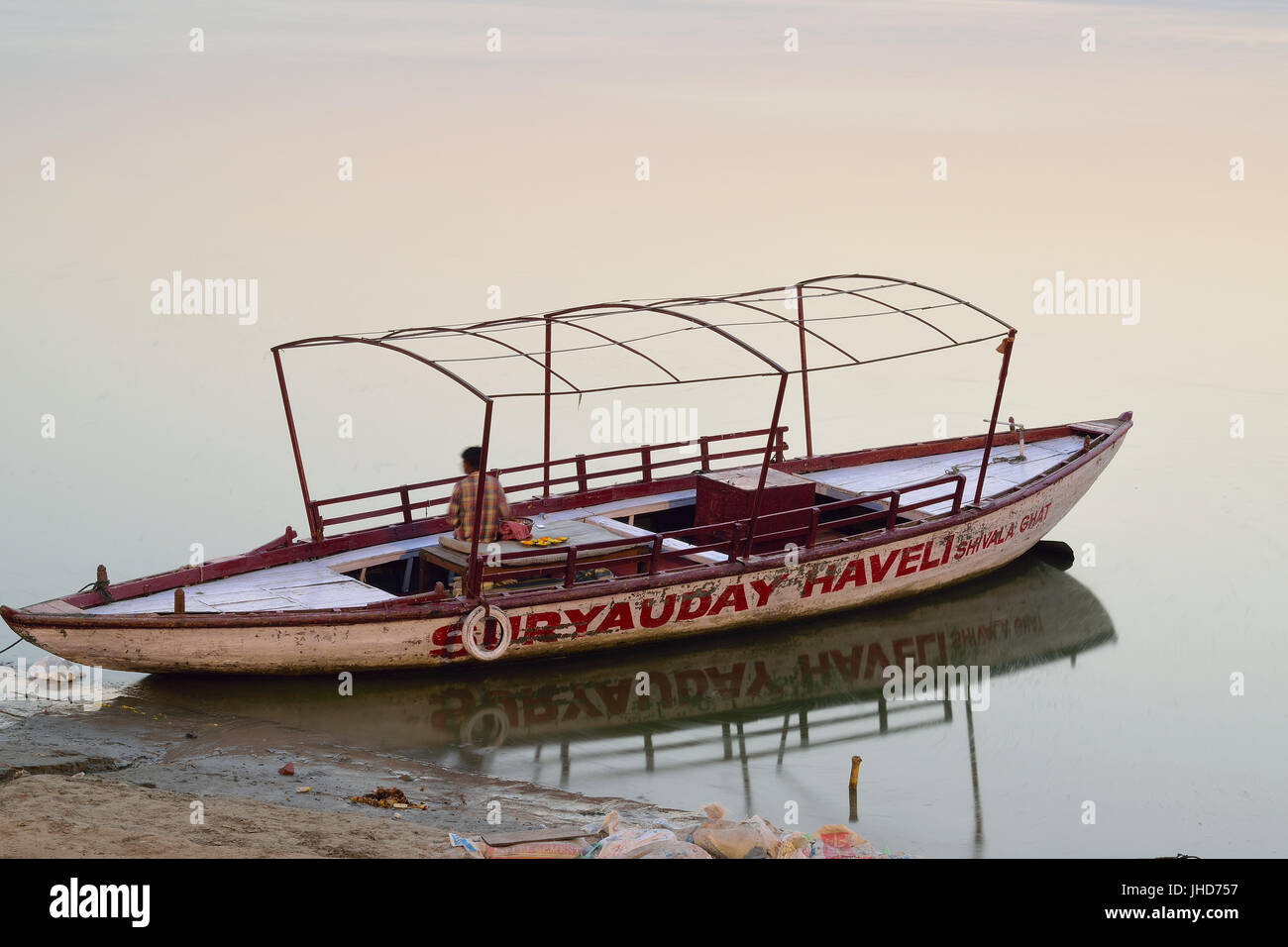Landscape of Ganges river ghats taken at Varanasi, India. Varanasi is ...