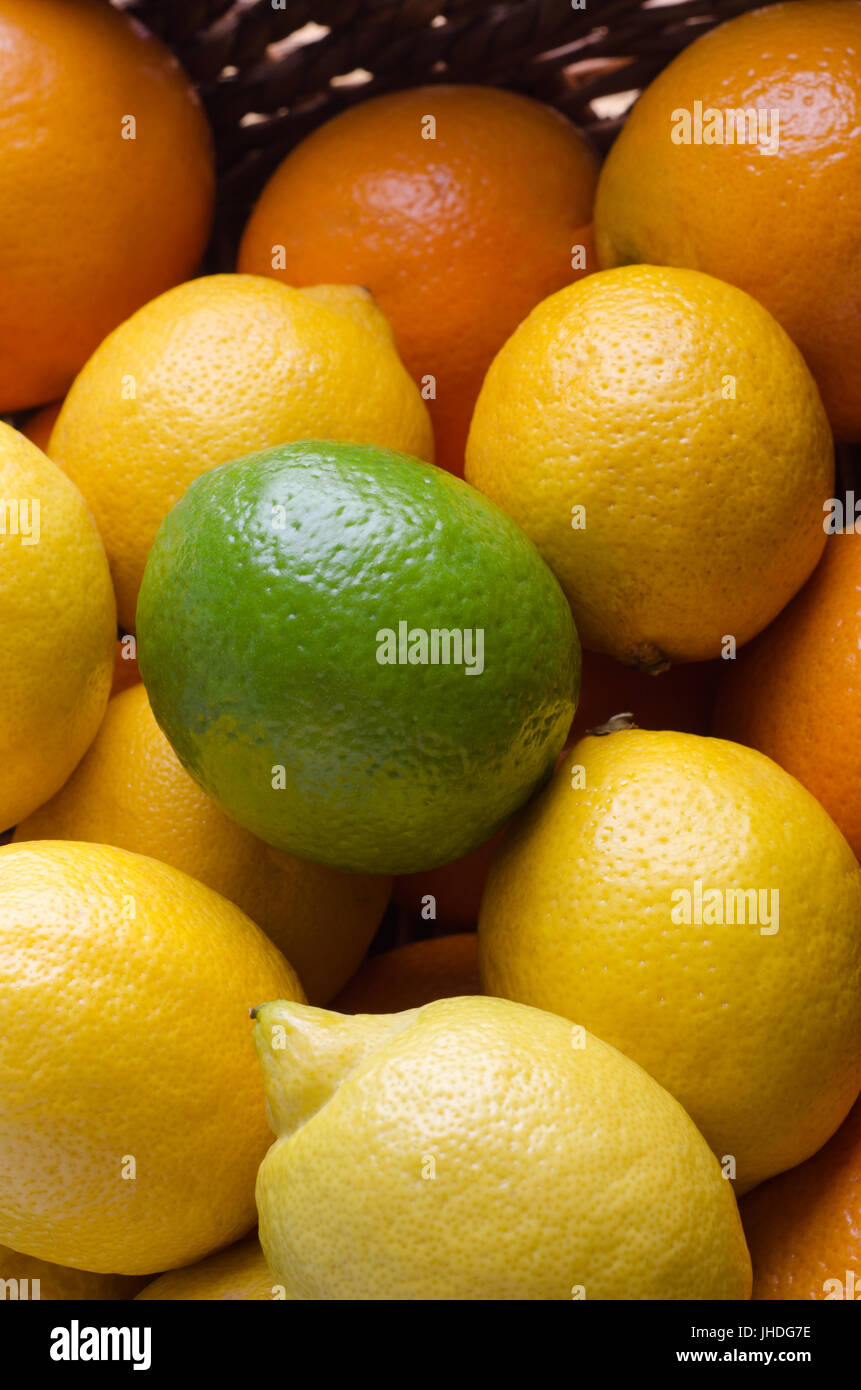 Angled overhead close up of citrus fruits selection, filling a wicker ...